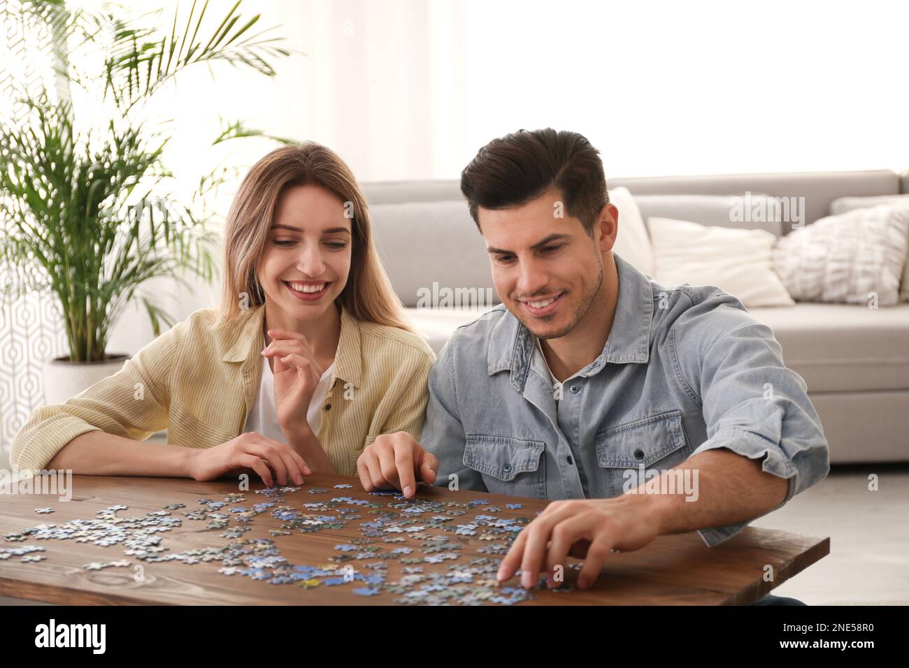 Happy woman playing puzzles hi-res stock photography and images - Alamy
