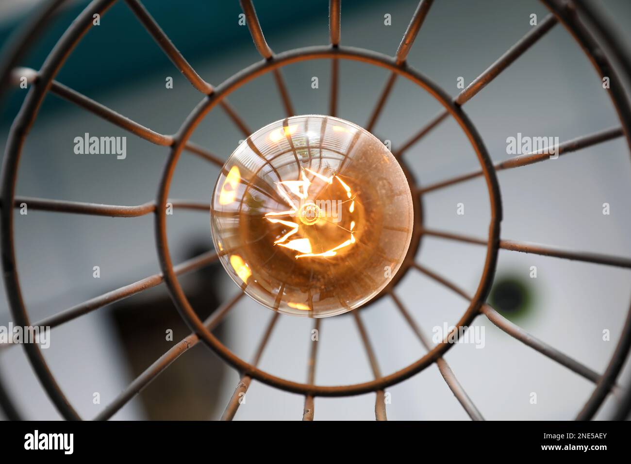 Stylish metallic pendant lamp with Edison light bulb indoors, bottom ...