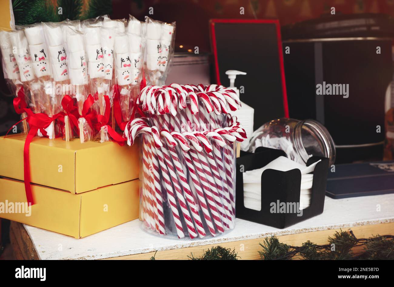 Many different sweets on counter at Christmas fair Stock Photo - Alamy