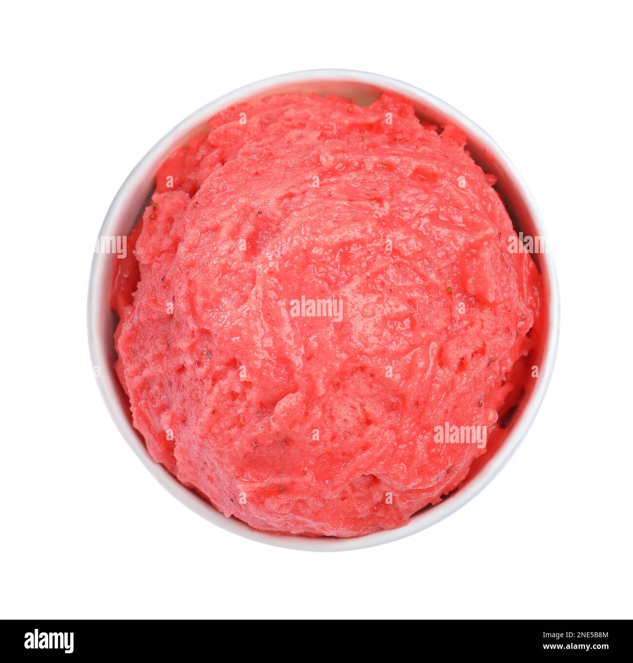 Delicious pink ice cream in paper cup isolated on white, top view Stock ...