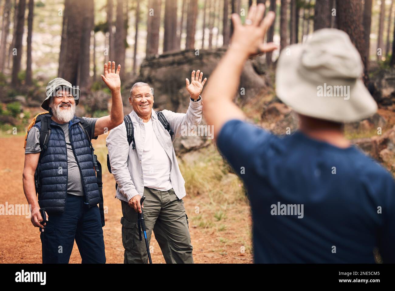 Greeting, wave and senior friends hiking in the mountains for travel ...