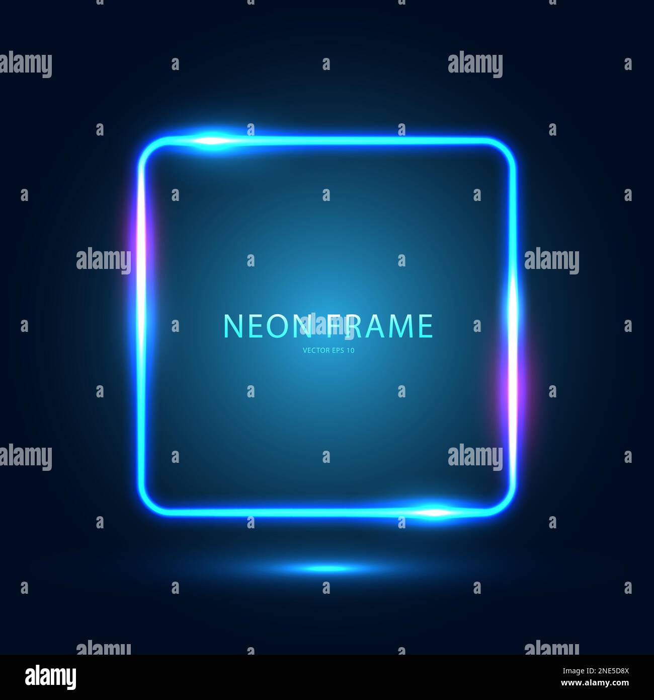 Neon square frame with lights and highlights on a dark blue background ...