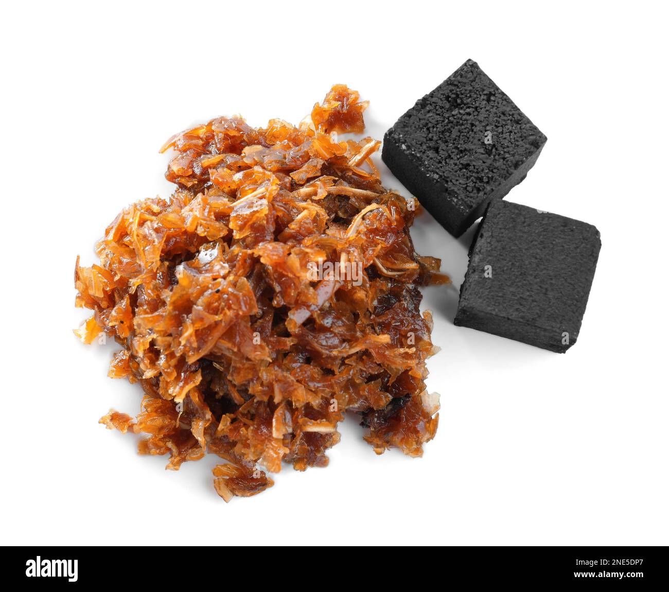 Pile of hookah tobacco and charcoal cubes on white background, top view ...