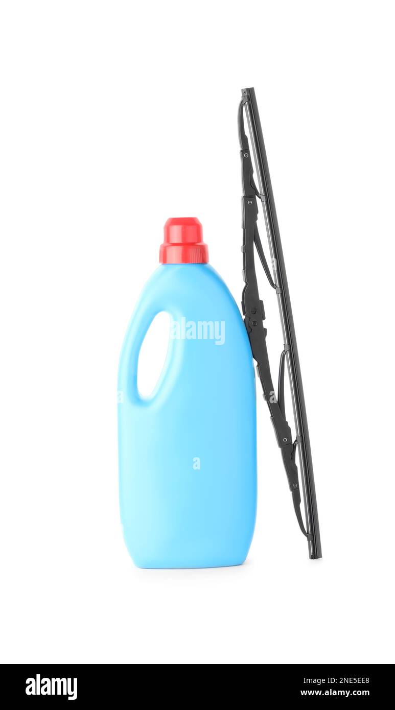 Bottle of windshield washer fluid and wiper on white background Stock ...