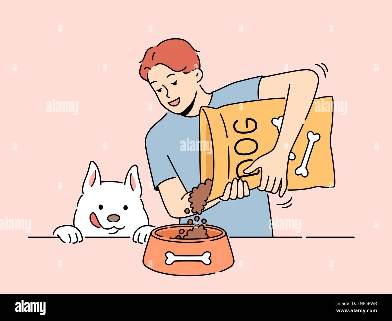 Smiling man giving food from package to excited dog. Happy guy feed pet ...