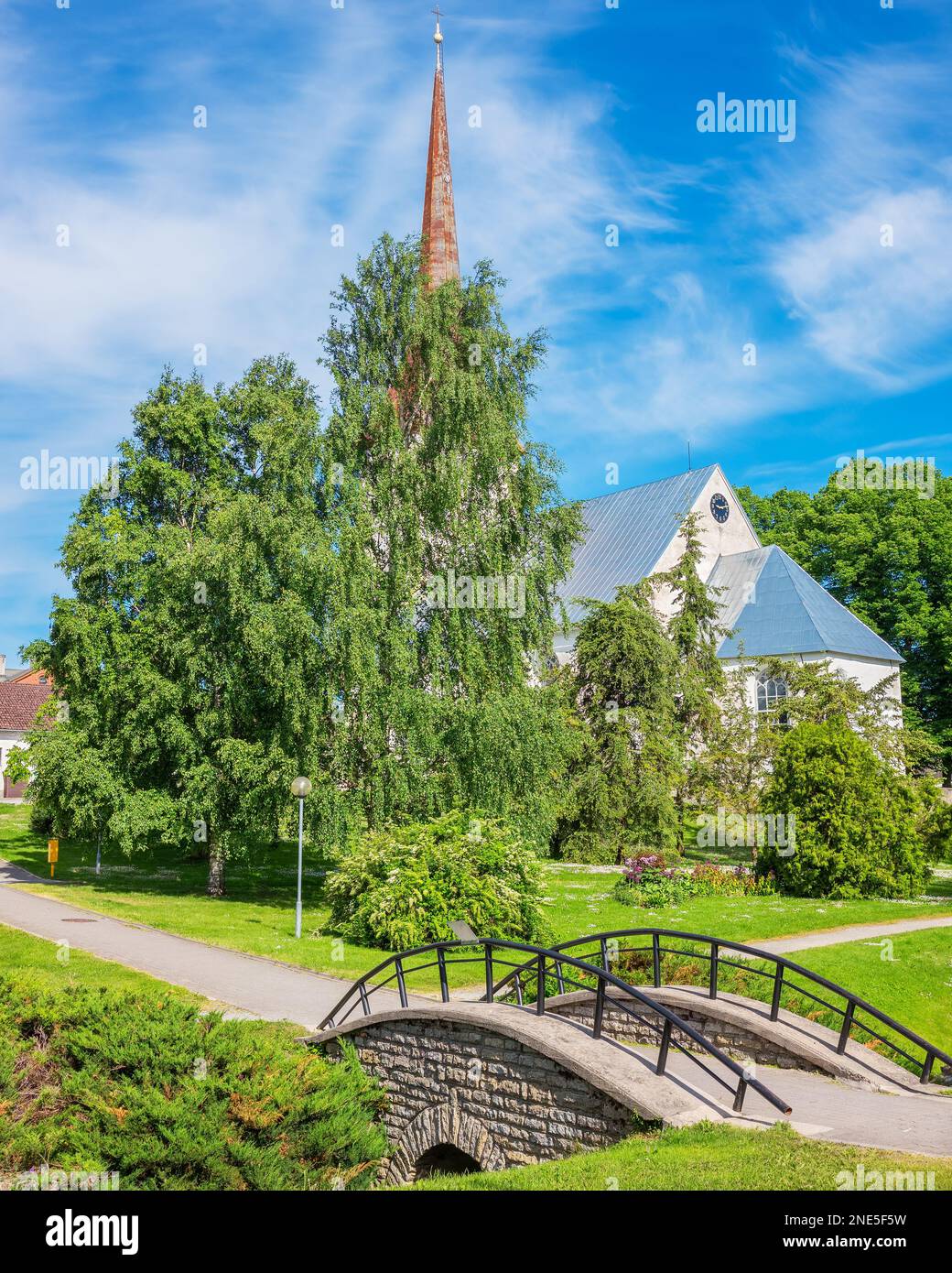 Green park and St. Trinity Church building in Rakvere. Estonia, Baltic ...