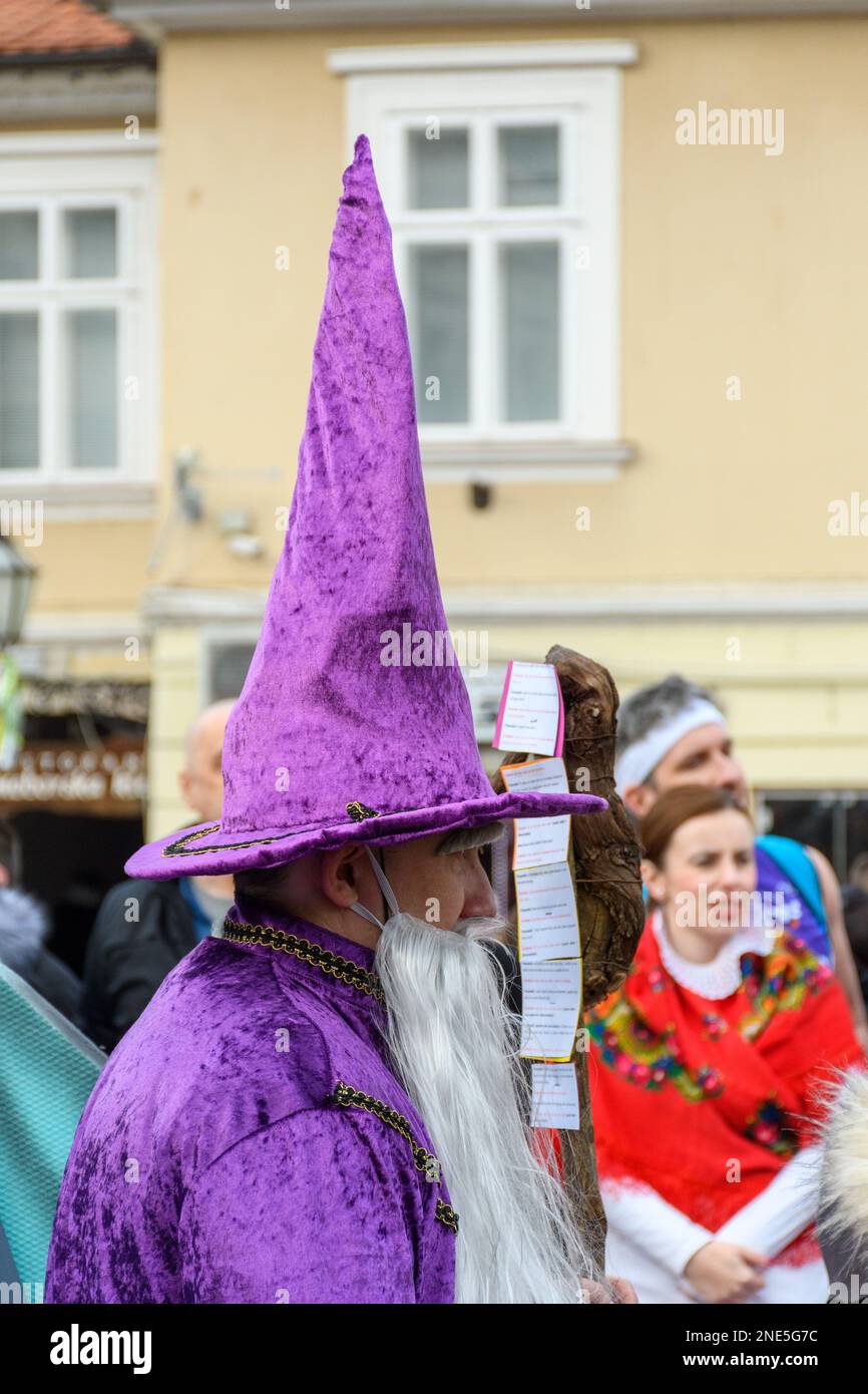 A vertical shot of a male wearing purple wizard costume at carnival ...