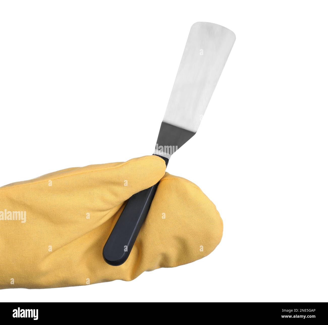 Chef in oven glove holding spatula on white background, closeup Stock ...
