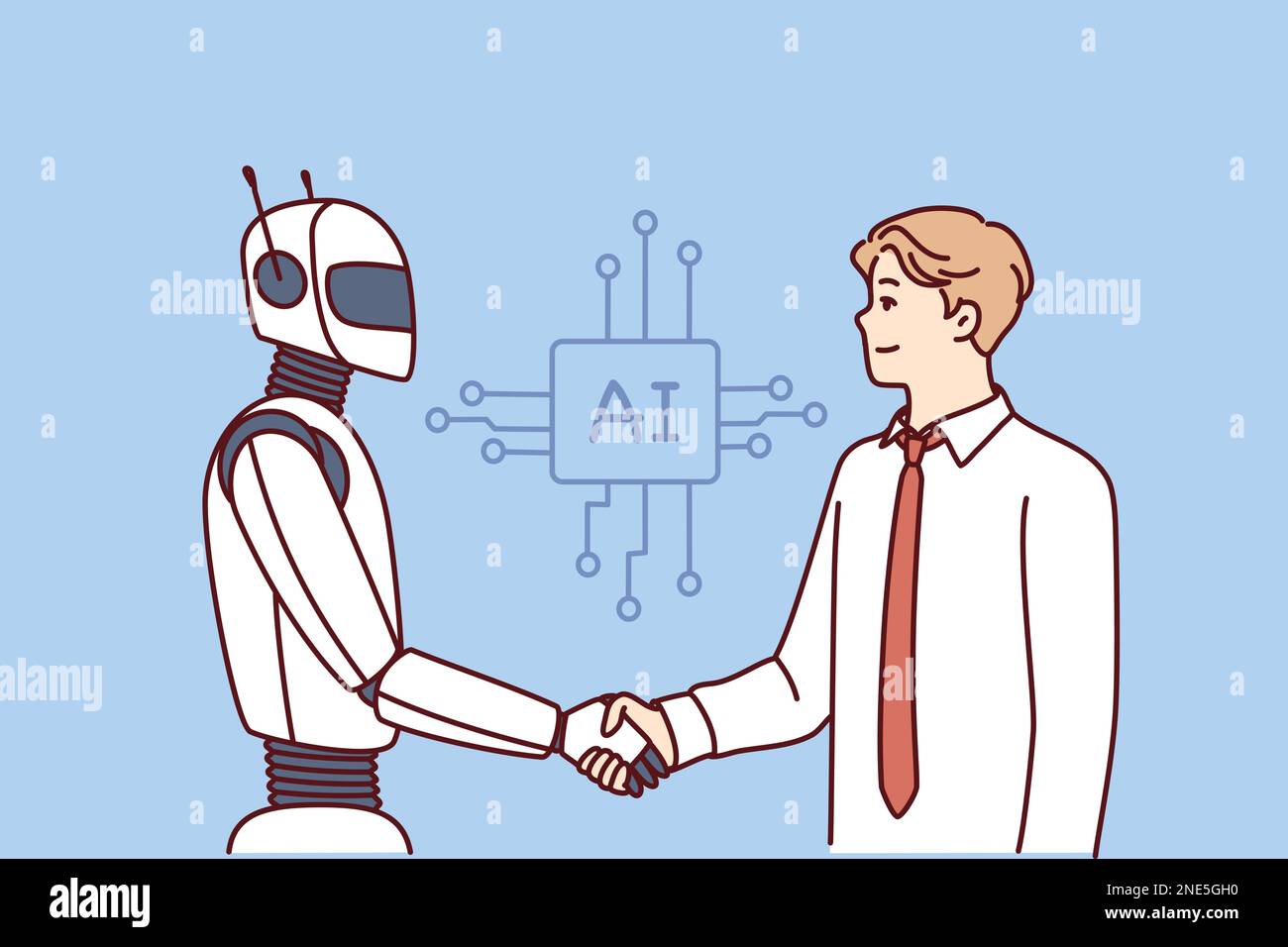 Man shakes hands with robot as sign of friendship between humans and artificial intelligence AI ...
