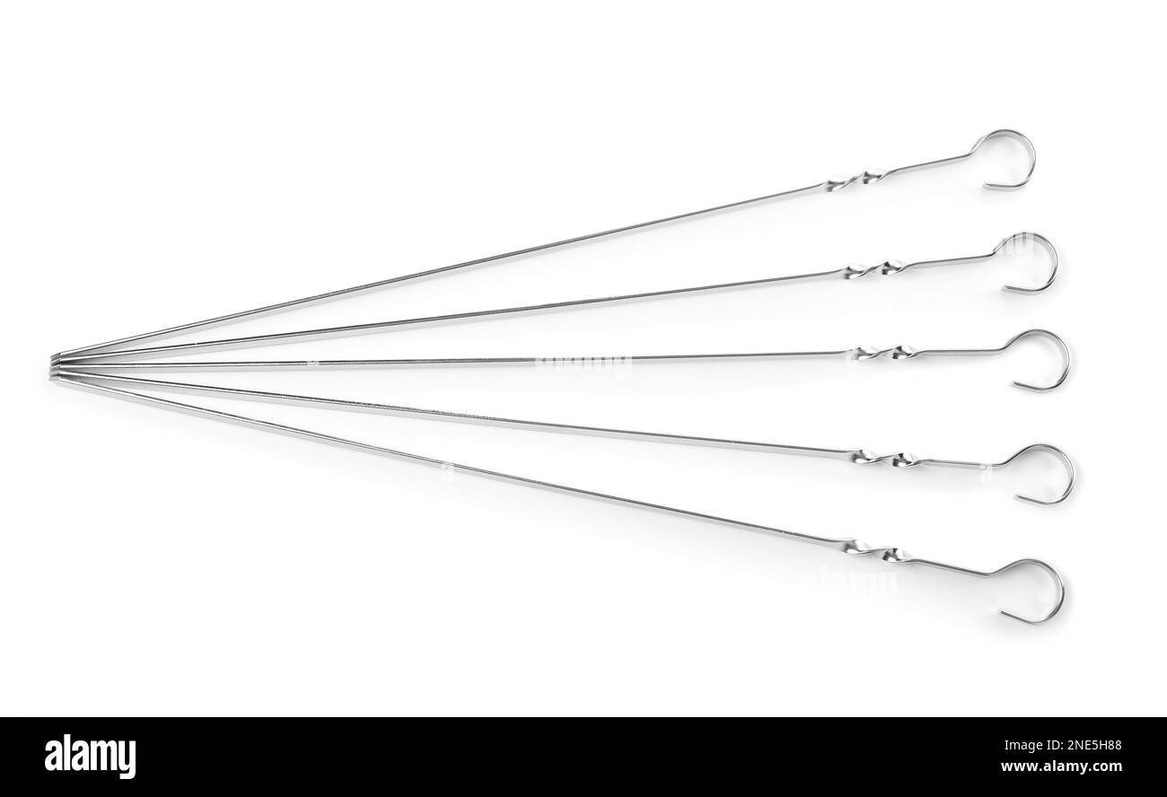 Metal skewers on white background, top view. Barbecue utensil Stock ...