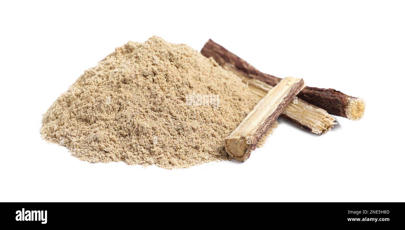 Dried sticks of liquorice root and powder on white background Stock ...