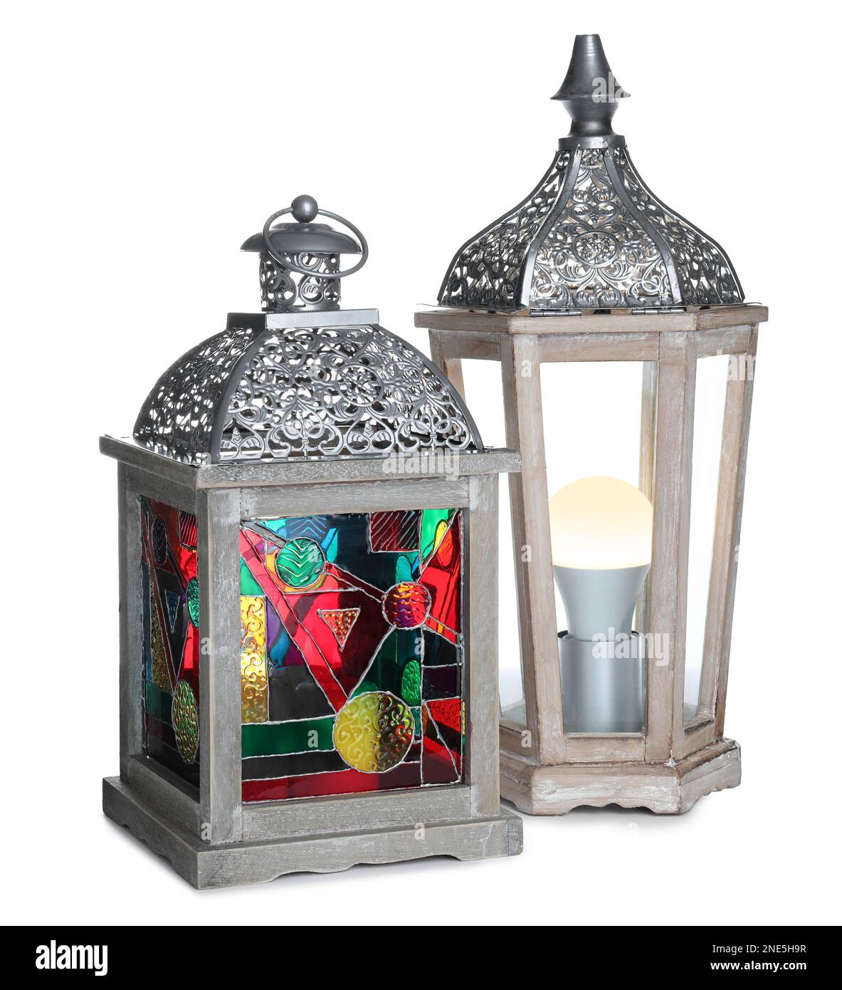 Different decorative Arabic lanterns on white background Stock Photo ...