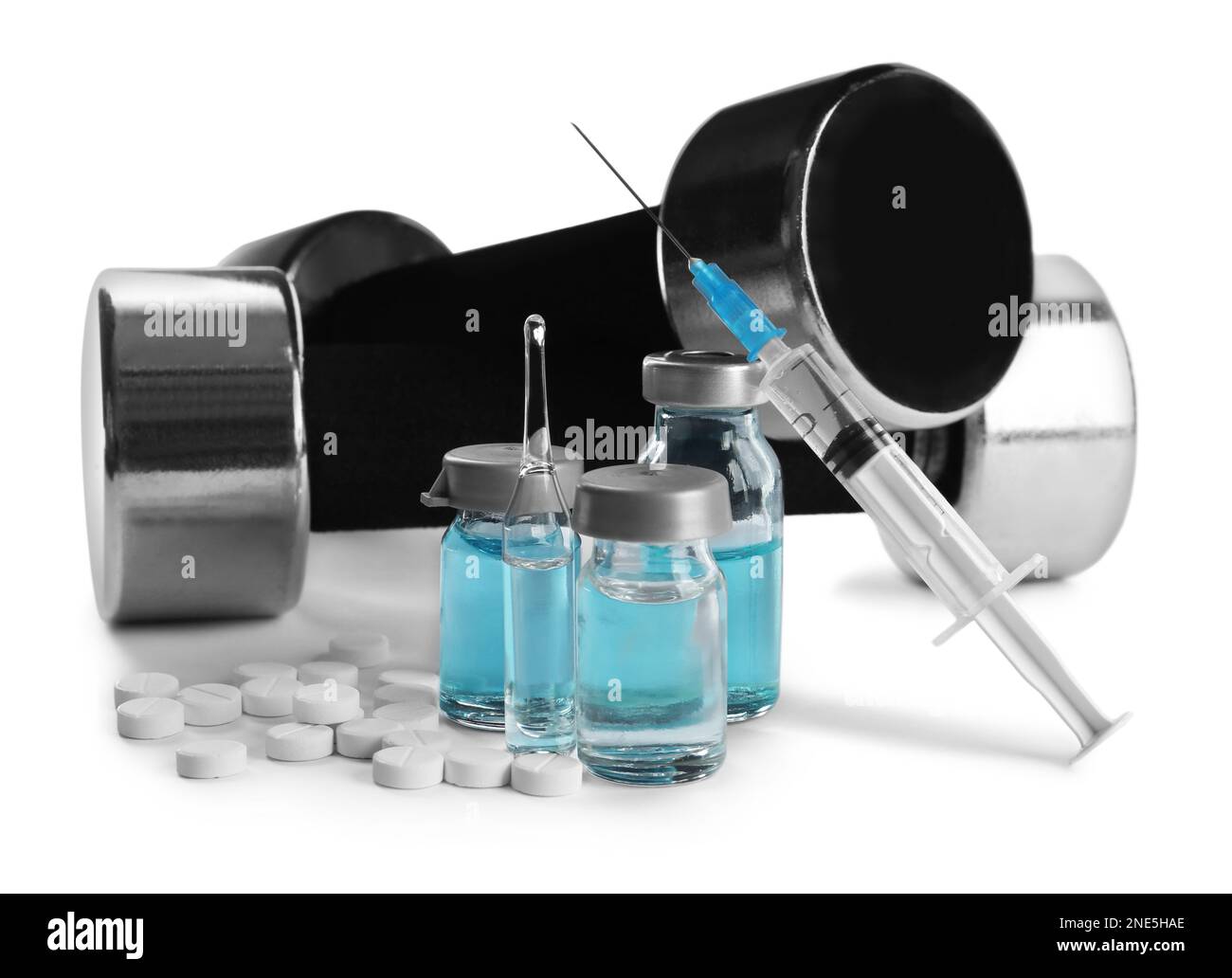 Different drugs and sports equipment on white background. Doping ...