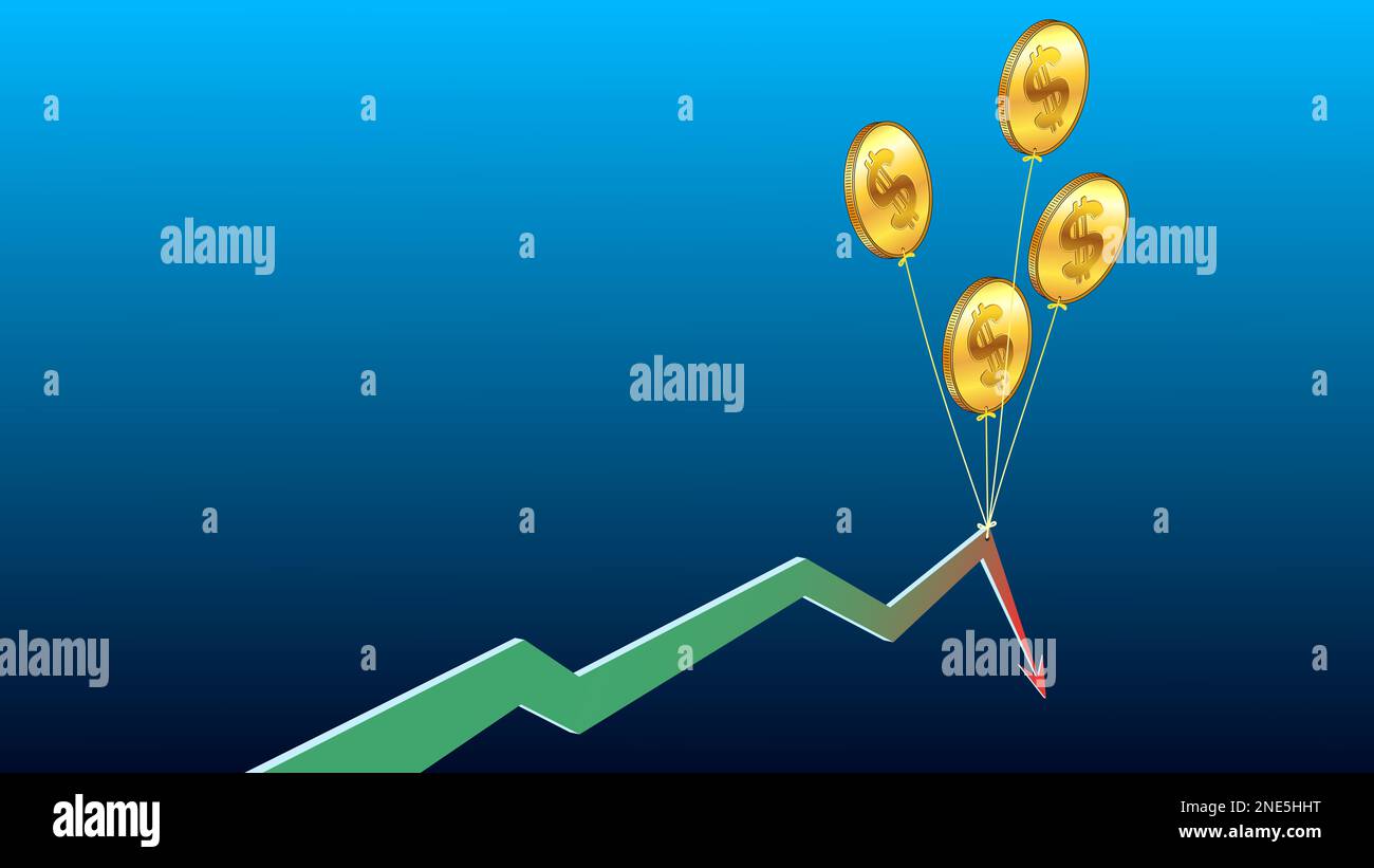 Balloons in form of golden American dollars coins hold falling chart ...