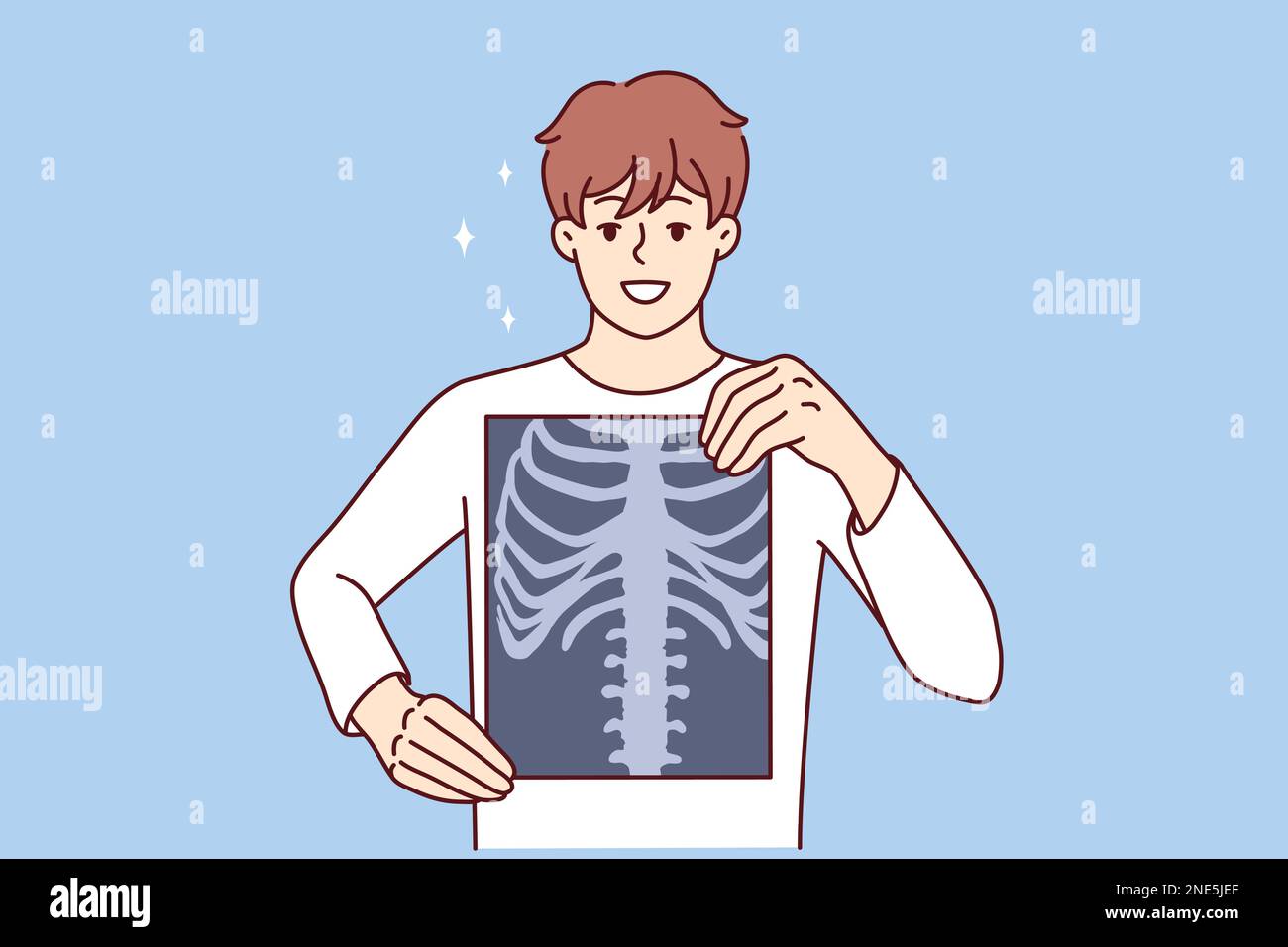 Man applies x-ray film to chest to prove absence of cancerous tumor or ...