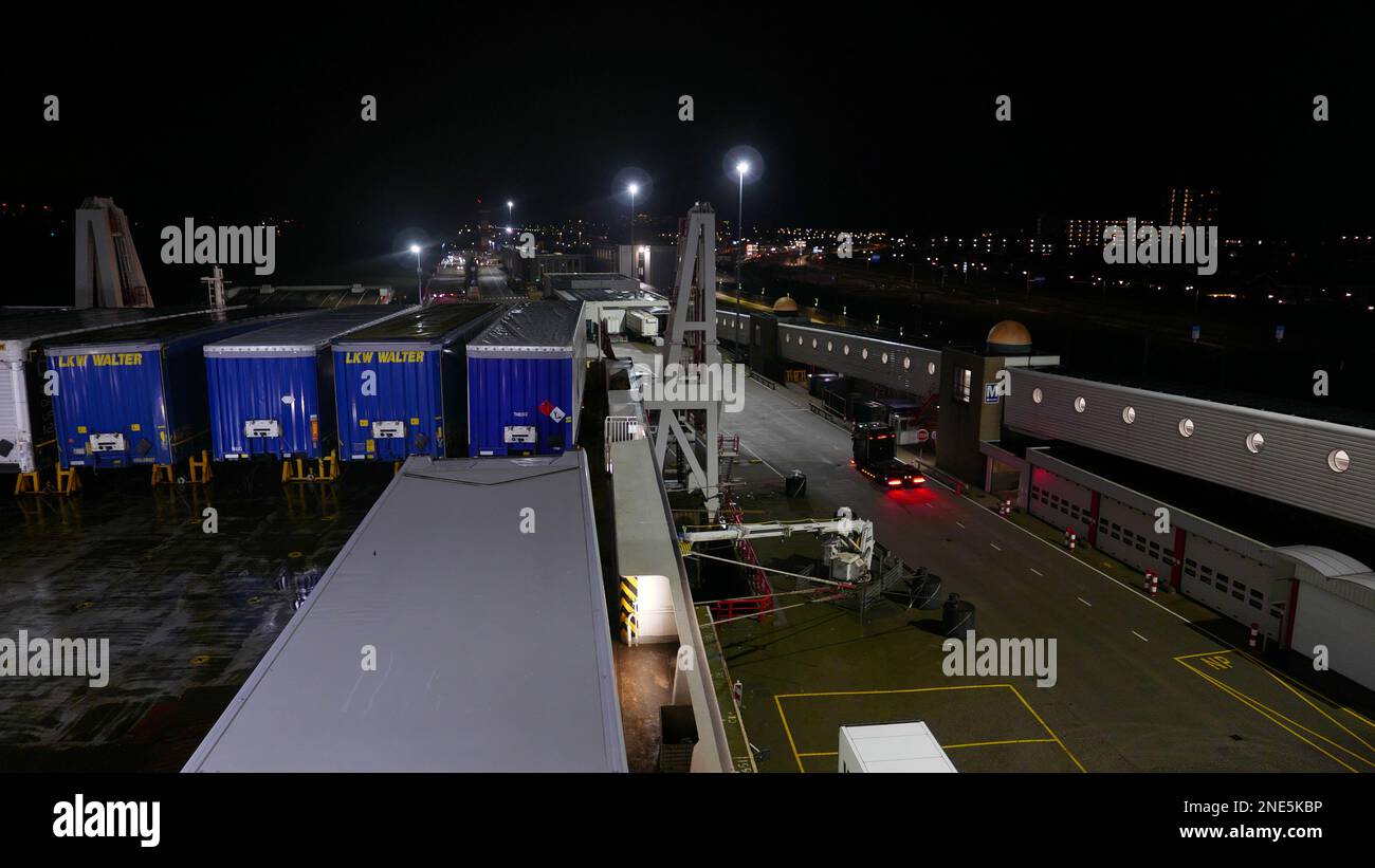 Containers loaded on ferry at night. Hook of Holland. Netherlands Stock ...