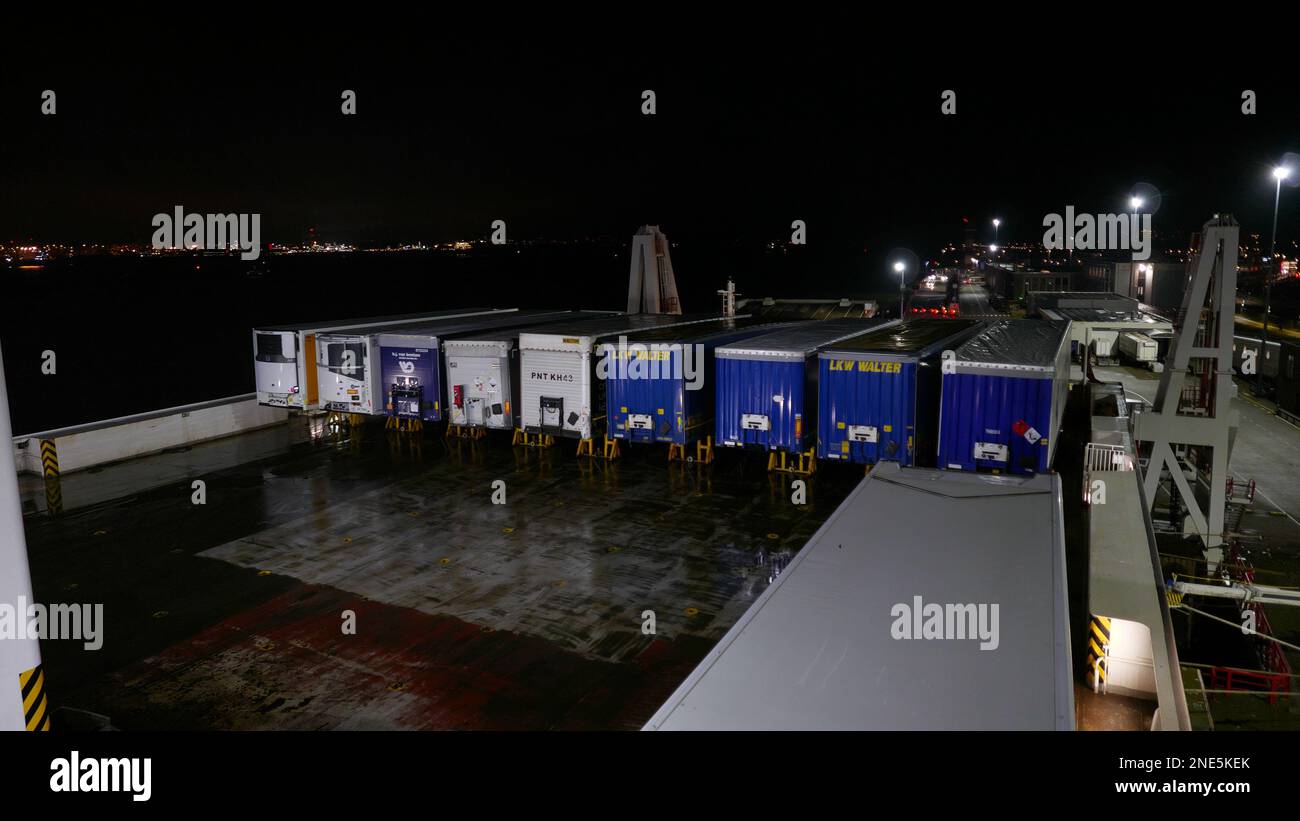 Containers loaded on ferry at night. Hook of Holland. Netherlands Stock ...