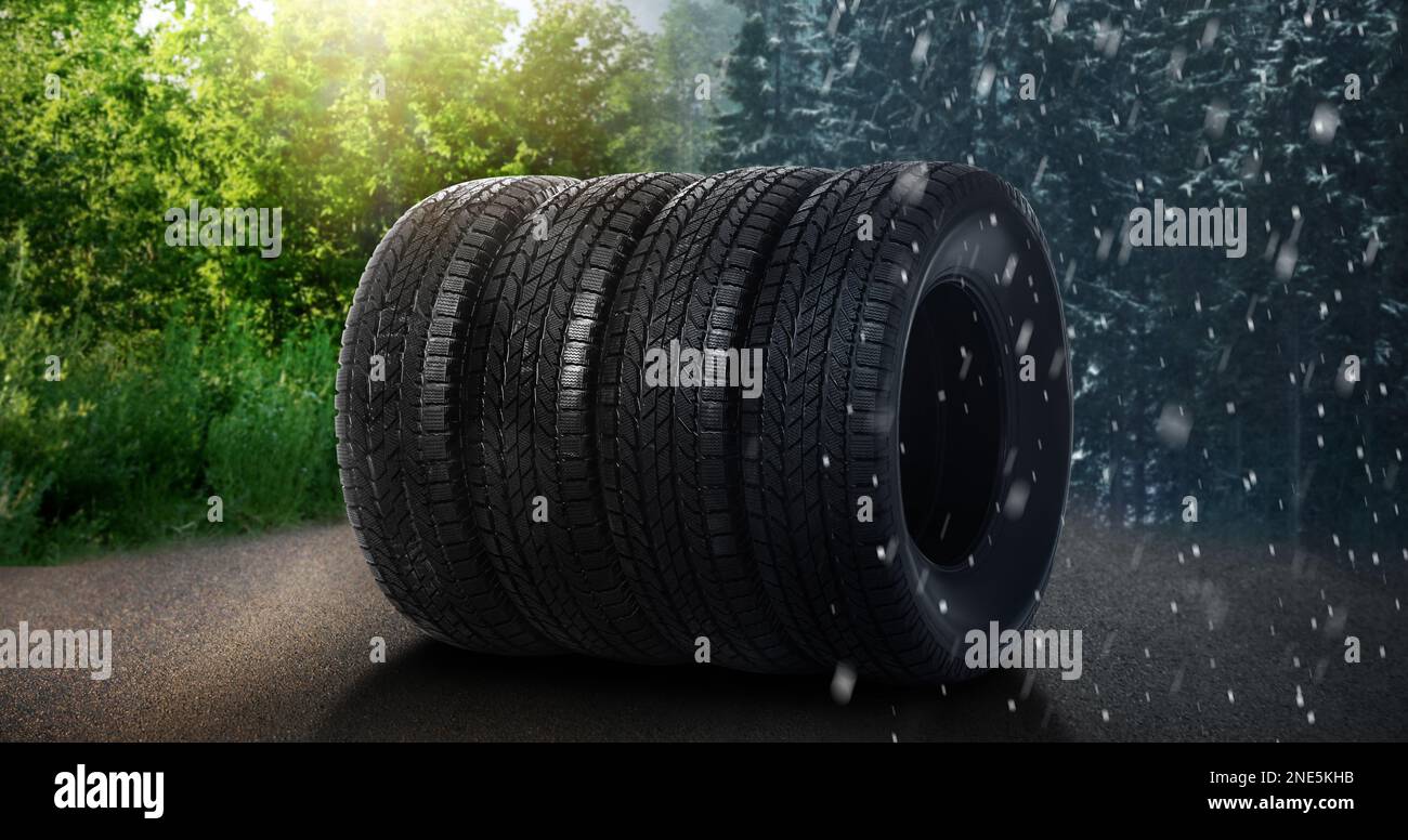 Set of new winter and summer tires on asphalt road, collage. Banner ...