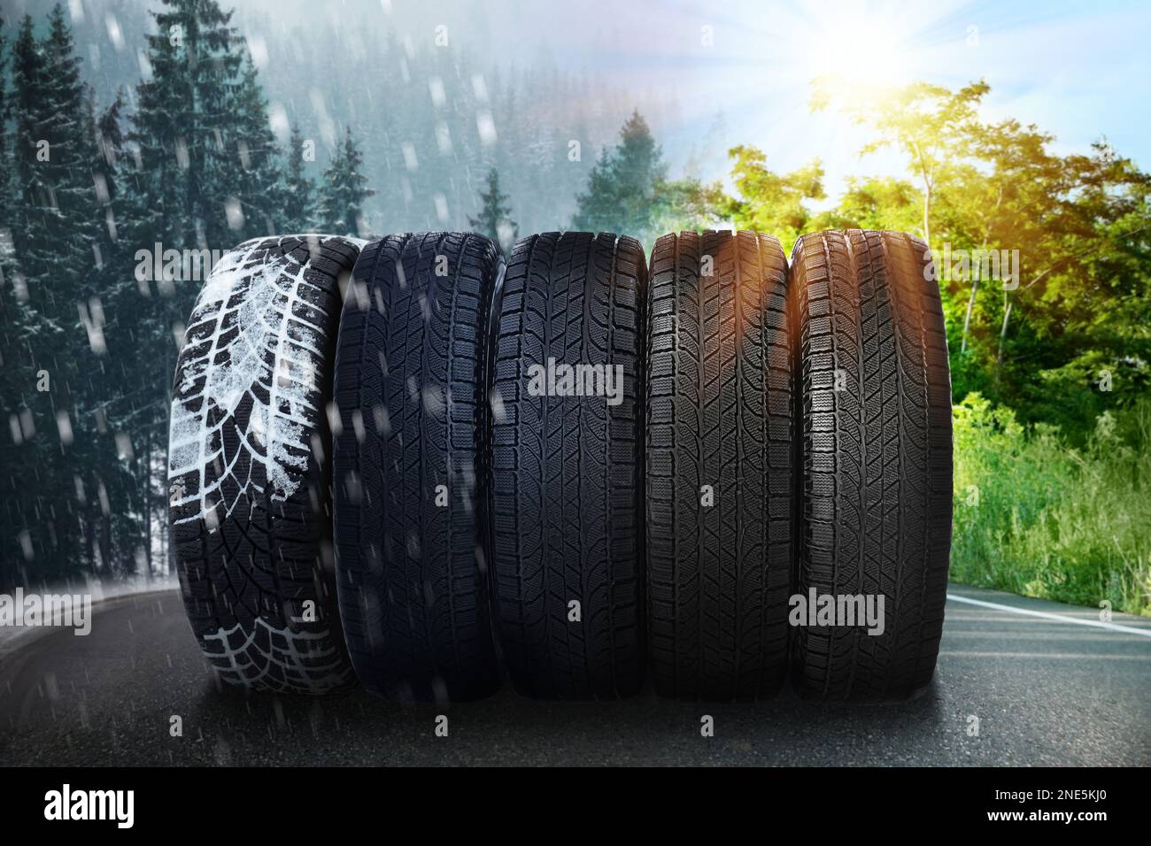 Set of new winter and summer tires on asphalt road, collage Stock Photo ...