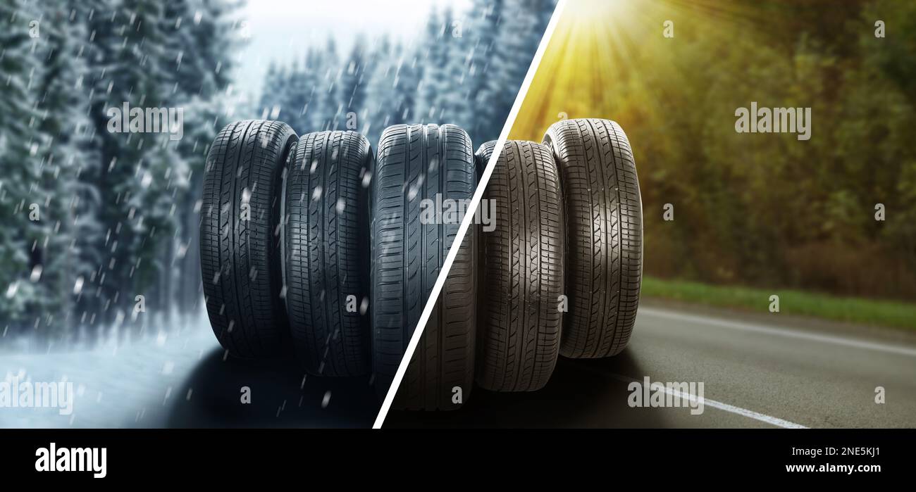 Set of new winter and summer tires on asphalt road, collage . Banner ...