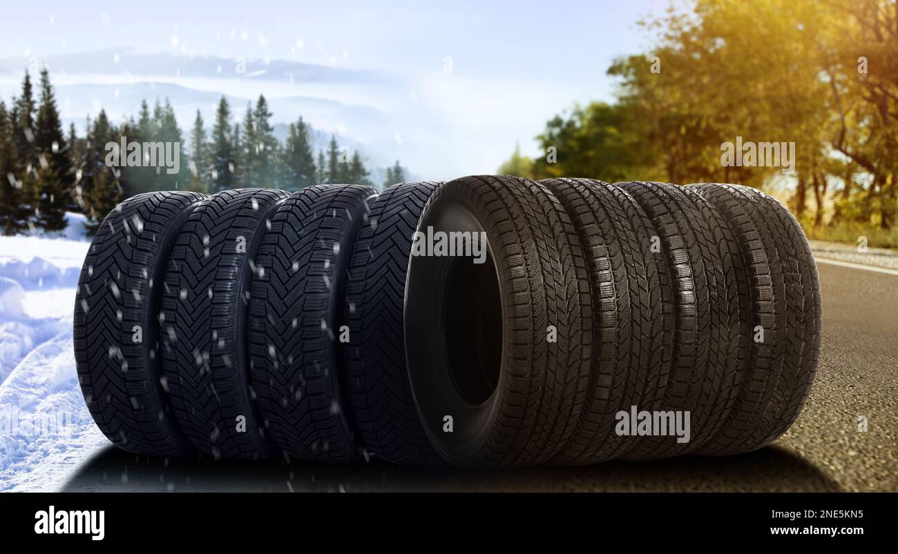 Set of new winter and summer tires on asphalt road, collage. Banner ...