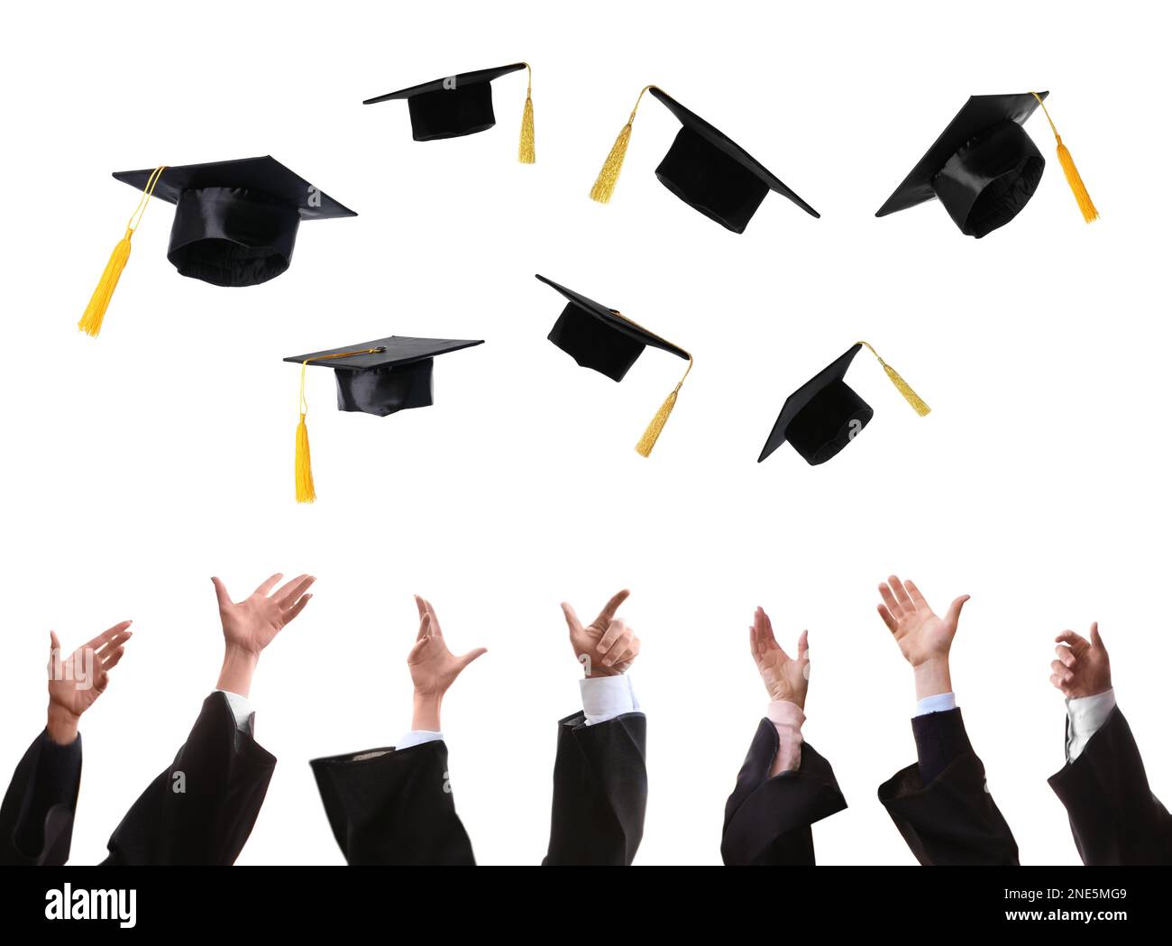 Group of graduates throwing hats against white background, closeup ...