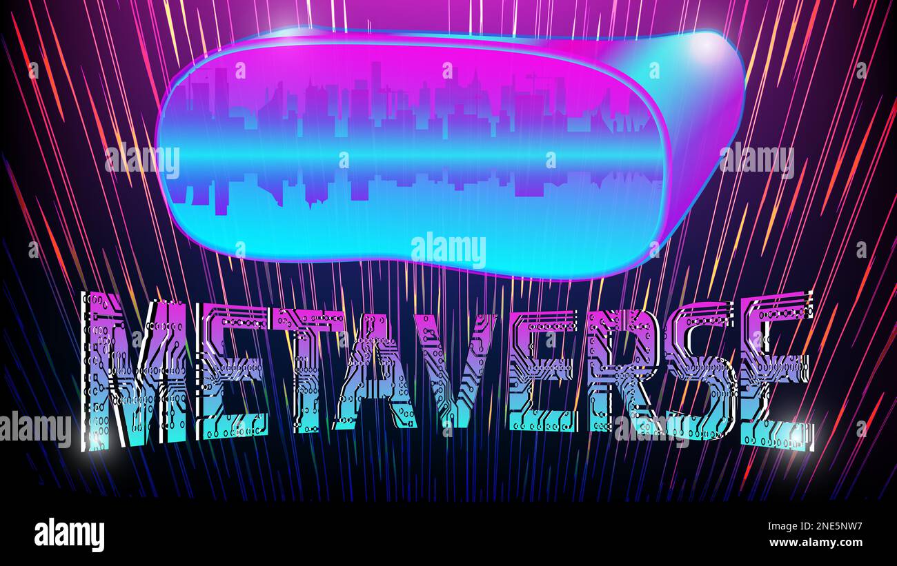 Virtual reality glasses with futuristic city inside and word Metaverse ...