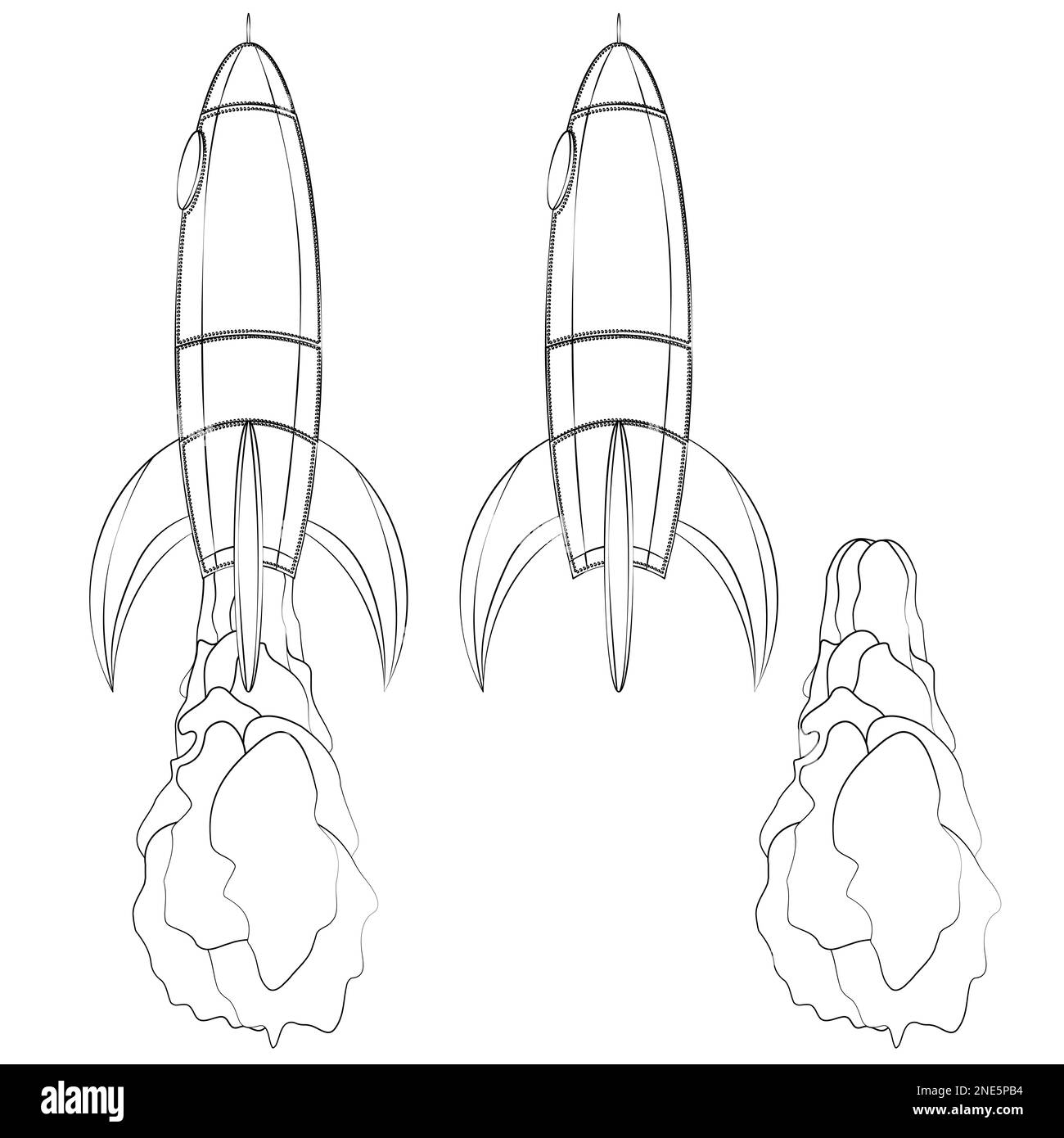 Set of spaceship outline with smoke isolated. Contour space rocket ...