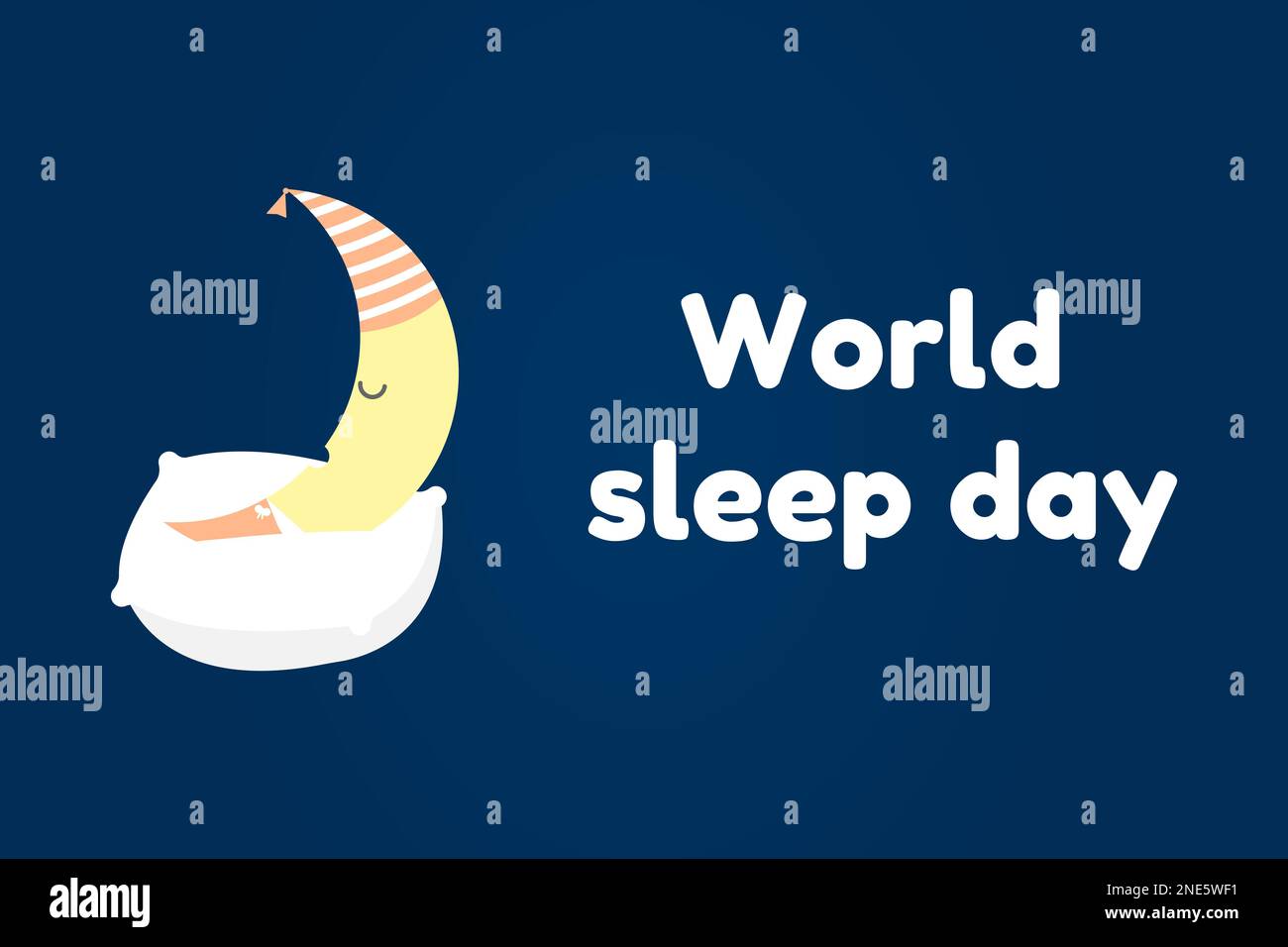 World sleep day. Sleeping moon icon on a pillow and wearing a sleep cap ...