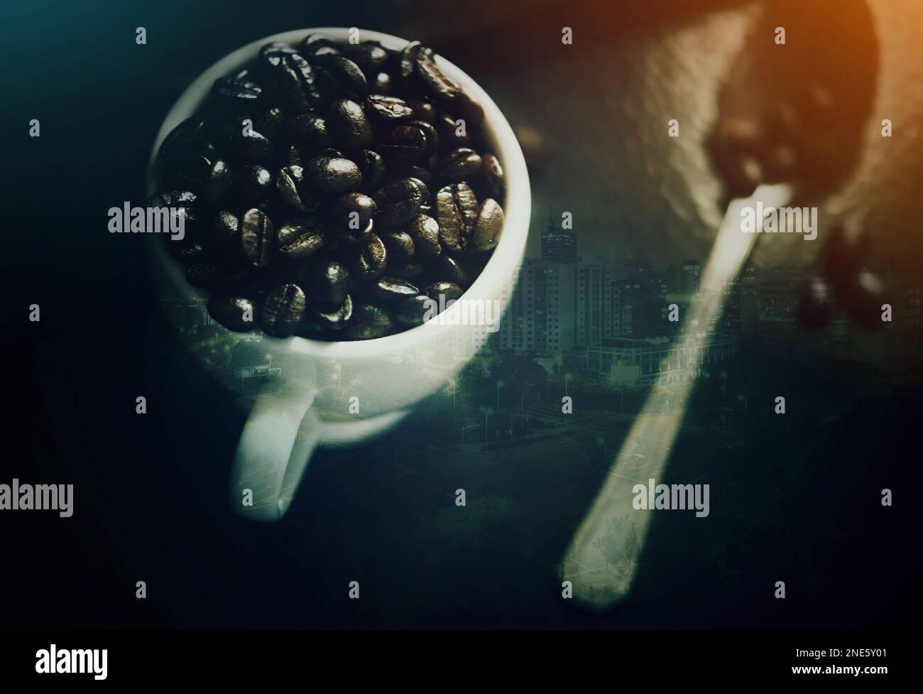 Coffee cup, double exposure and beans with city, skyline and mockup ...