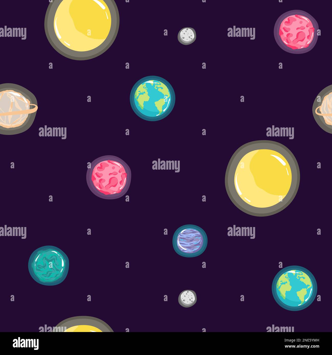 Space Seamless Pattern with Planets and Stars. Doodle Cartoon Cute ...