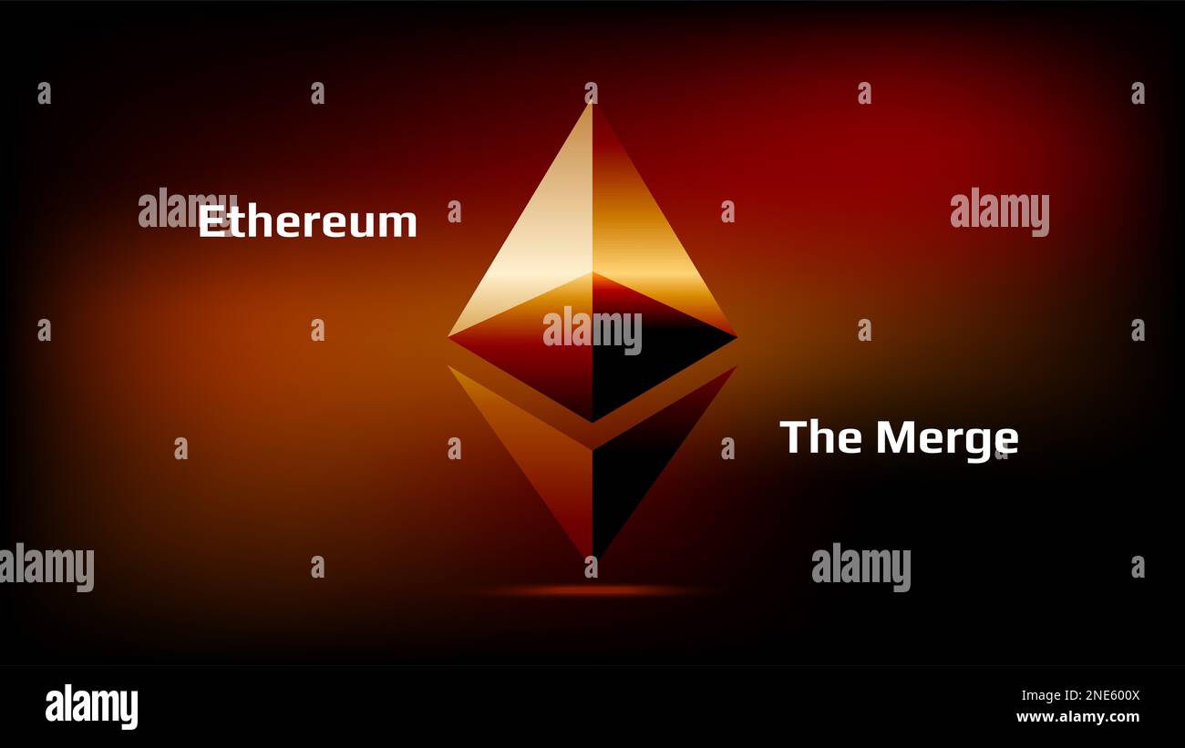 Ethereum The Merge system ETH golden symbol on dark red background. Ethereum ETH will merge with ...