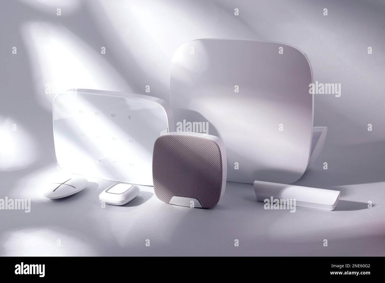 Smart House security system gadgets. Motion sensor, panic button, and ...