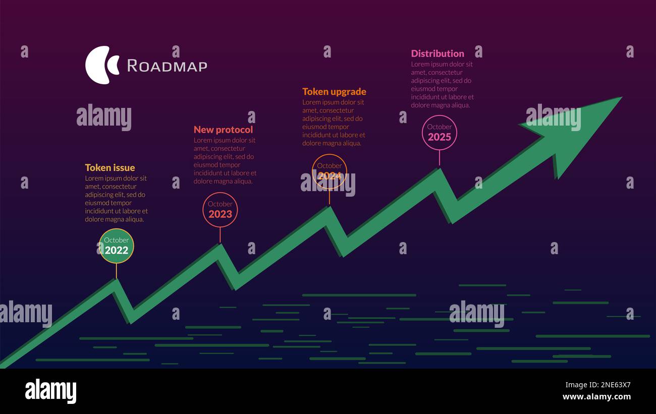 Roadmap with upward trend arrow and colored stages on dark purple ...