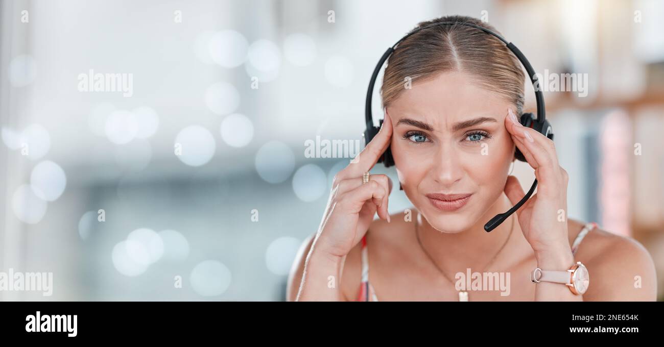 Call center, portrait and woman with headache by space for mockup in ...