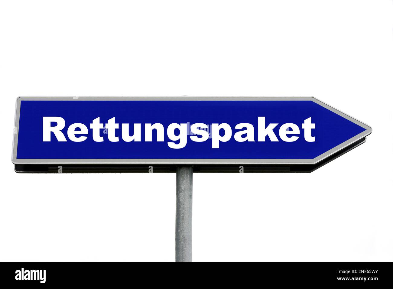 blue signpost lettering Rettungspaket, survival package Stock Photo - Alamy