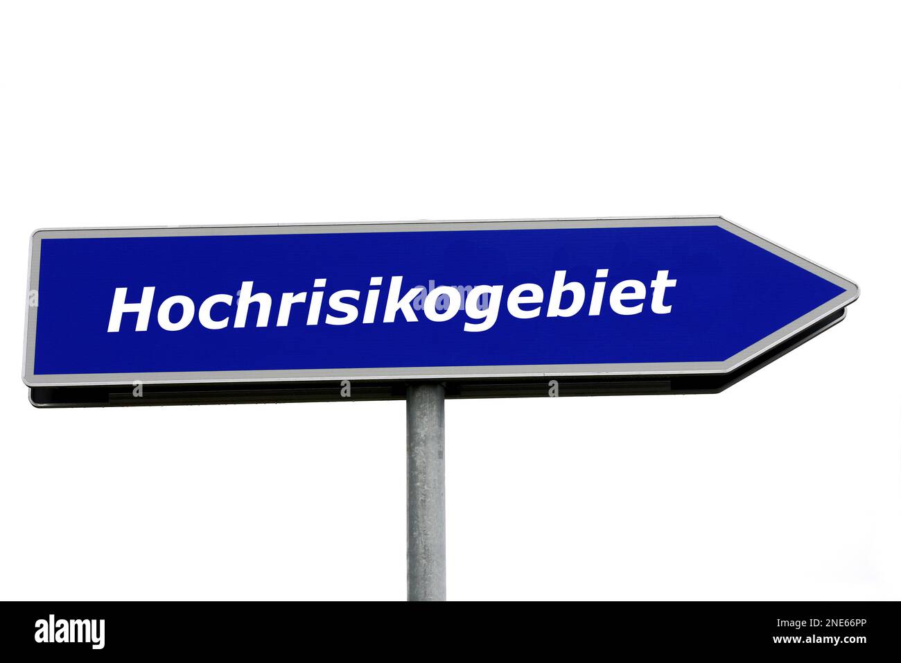 blue signpost lettering Hochrisikogebiet, high-risk area Stock Photo ...