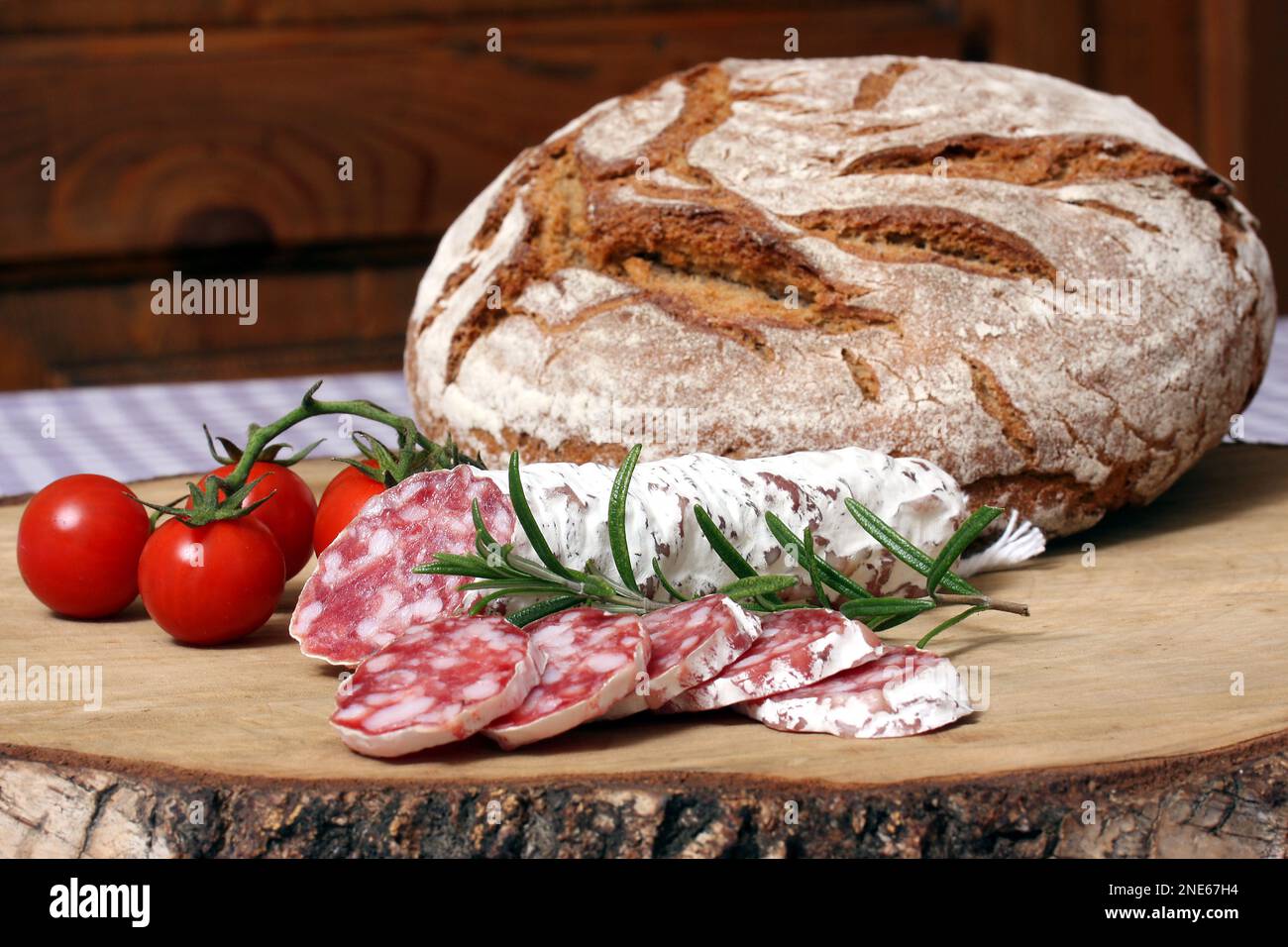 snack with bread, French salami and tomatoes Stock Photo - Alamy