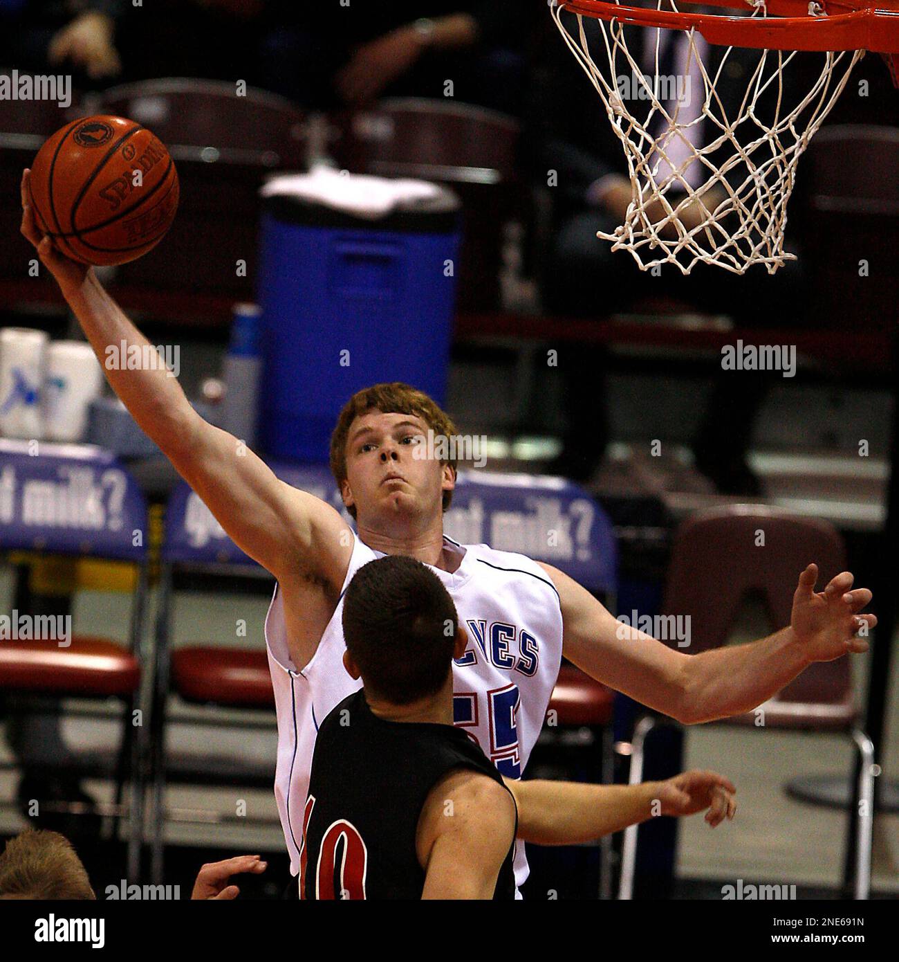 Castleford's Ethan Tverdy (55) pulls down a rebound against Prairie in ...