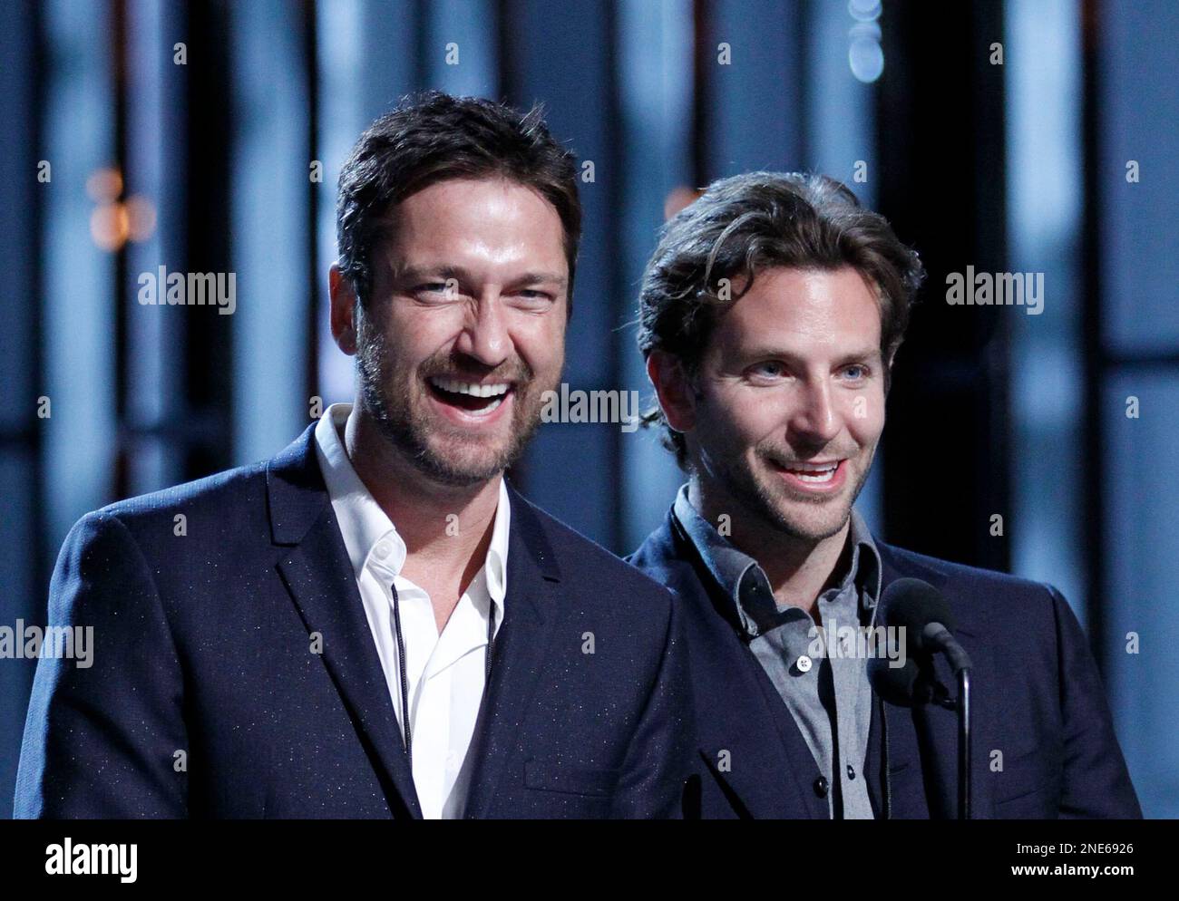 Actors Gerard Butler and Bradley Cooper rehearse on stage prior to the ...