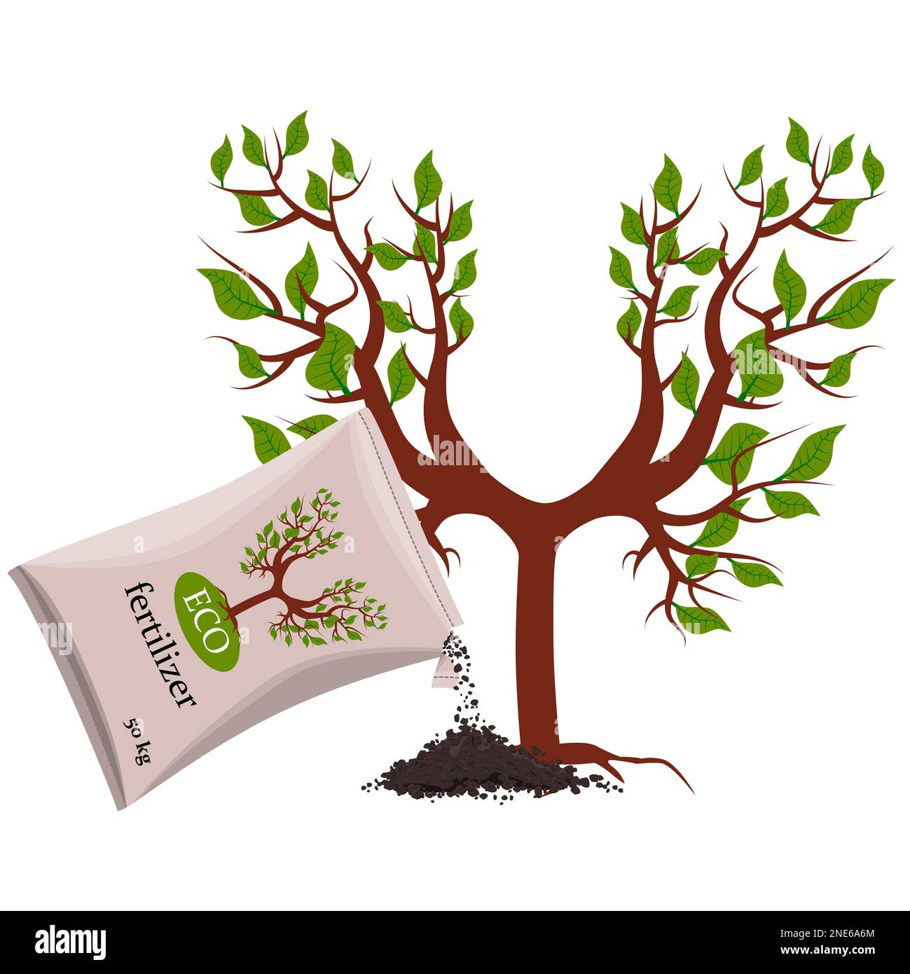 Fertilizers from bag poured under young tree, isolated on white ...