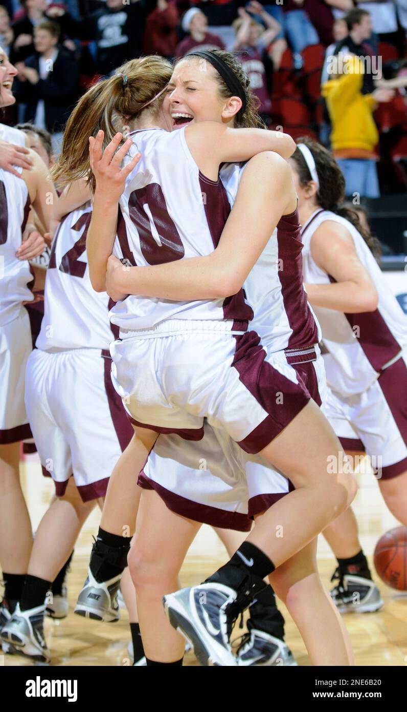 Mt.Vernon's Kylee Weber, left, and Taylor Dicus celebrate their victory ...