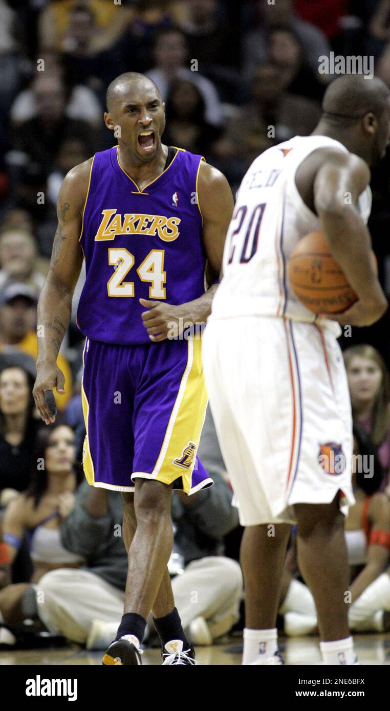 Los Angeles Lakers guard Kobe Bryant (24) yells at Charlotte Bobcats ...