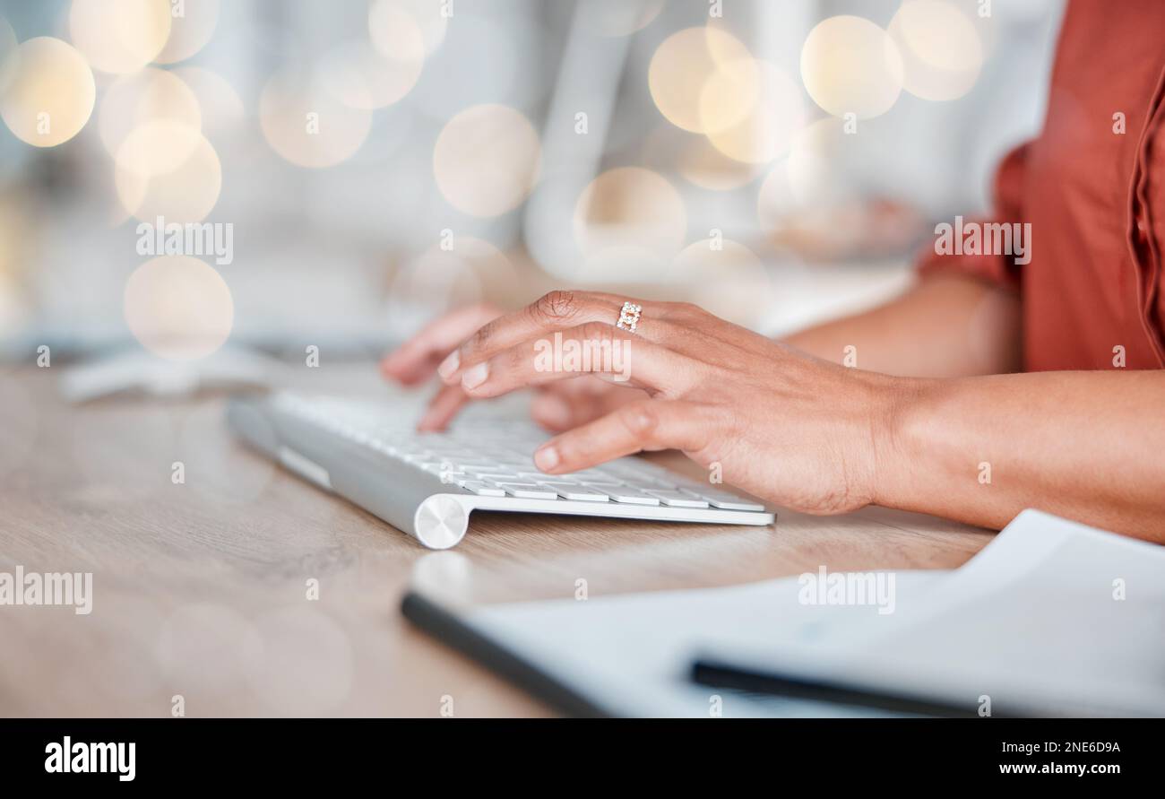 Hands, computer keyboard and typing in office, working on email or ...