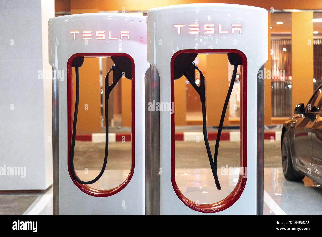 Bangkok, Thailand. 16th Feb, 2023. Charging slots of the Tesla ...