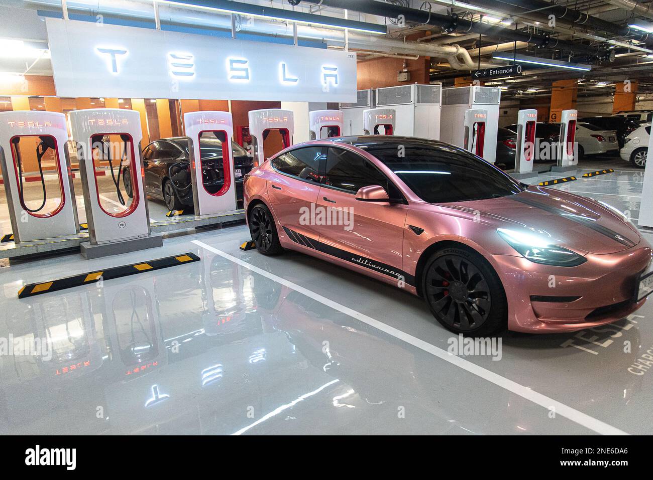 Bangkok, Thailand. 16th Feb, 2023. A Tesla car seen charging at the ...