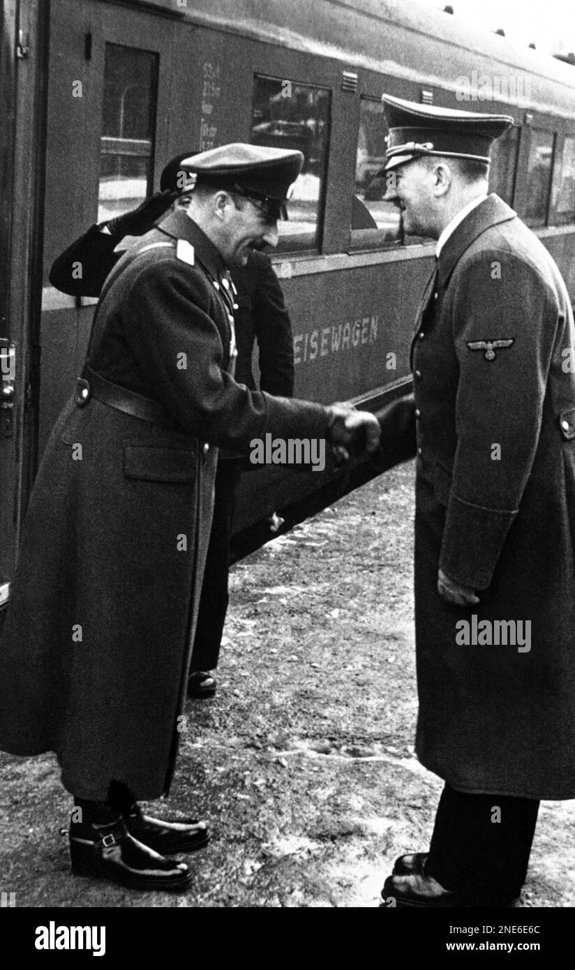 German Chancellor Adolf Hitler, right, greeting King Boris of Bulgaria ...