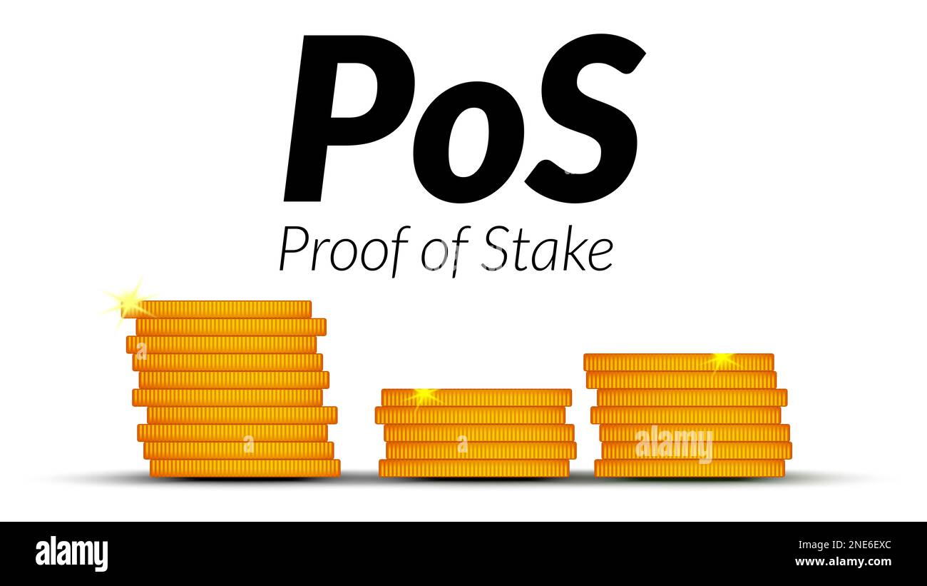 Black text PoS Proof of Stake with stacks of coins with shadows ...