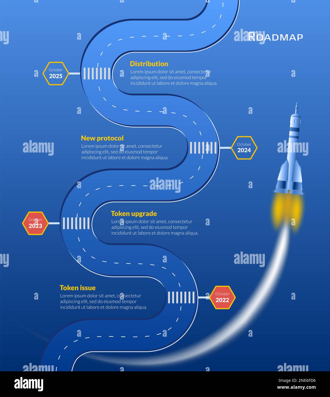 Roadmap with winding road and stop signs on stages on blue background ...