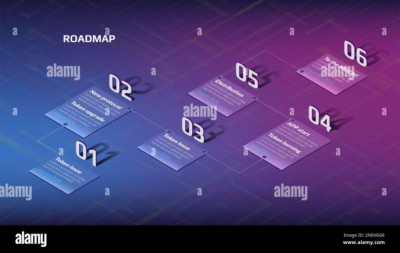 Isometric roadmap for blockchain or cryptocurrency project with connected copy space on blue ...